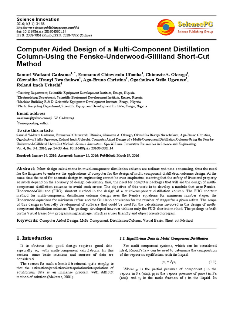 Computer Aided Design of A Multi-Component Distillation Column-Using The Fenske-Underwood ...