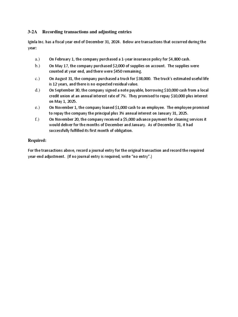 3-2A Recording Transactions and Adjusting Entries: Required | PDF