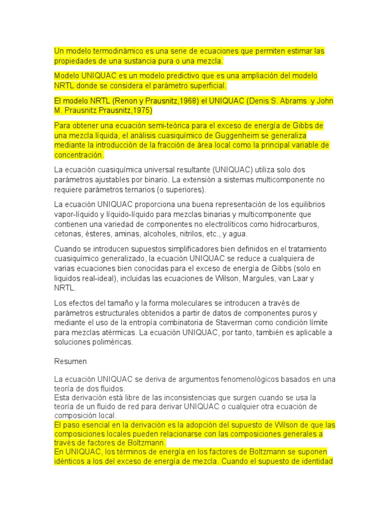 Modelo UNIQUAC en Termodinámica | PDF | Mecánica | Mecánica de Medios ...