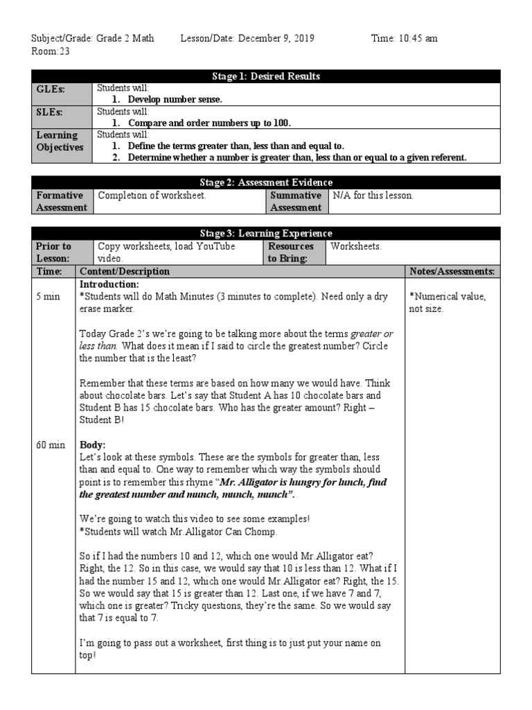 Greater or Less Than Lesson Plan Weebly | PDF | Lesson Plan | Education ...