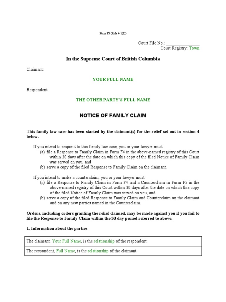 Form F003 - Notice of Family Claim | PDF | Child Support | Alimony