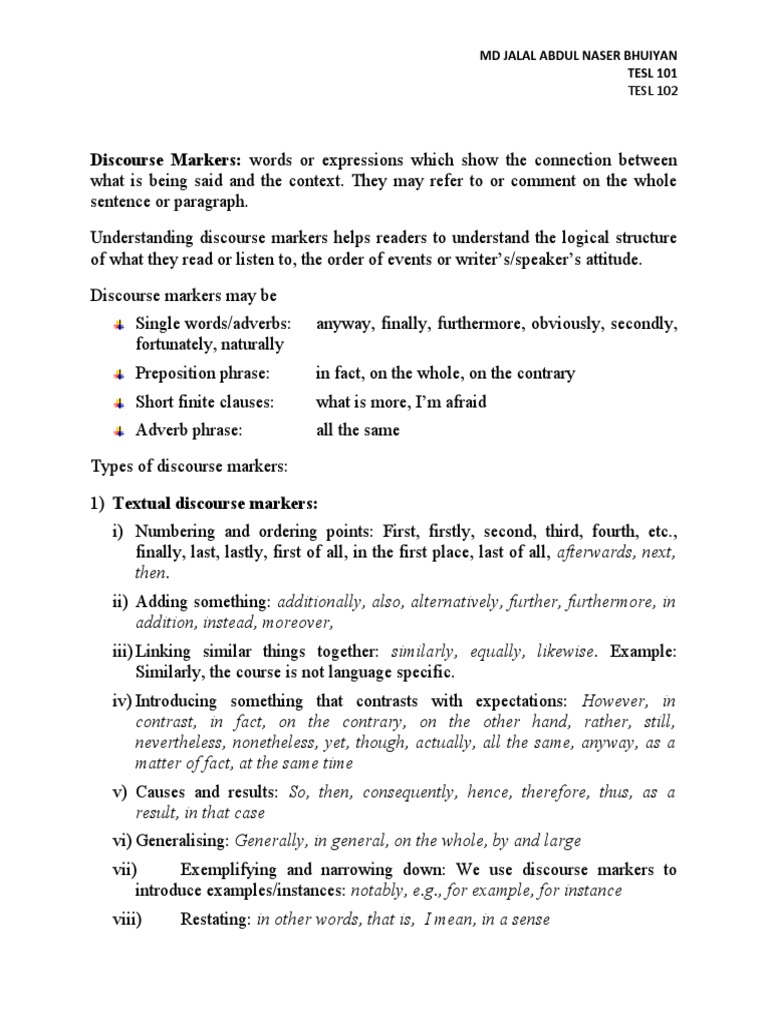 Discourse Markers 1 Page Handout | PDF | Adverb | Phrase