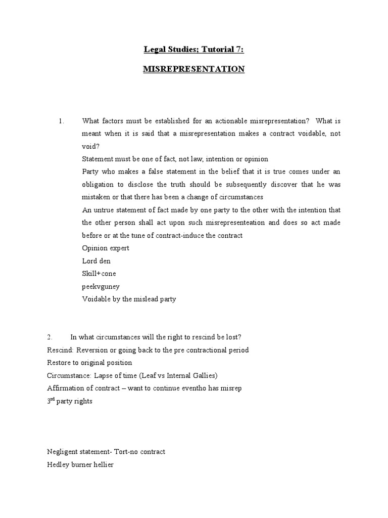 Legal Studies Tutorial 7: Misrepresentation | PDF