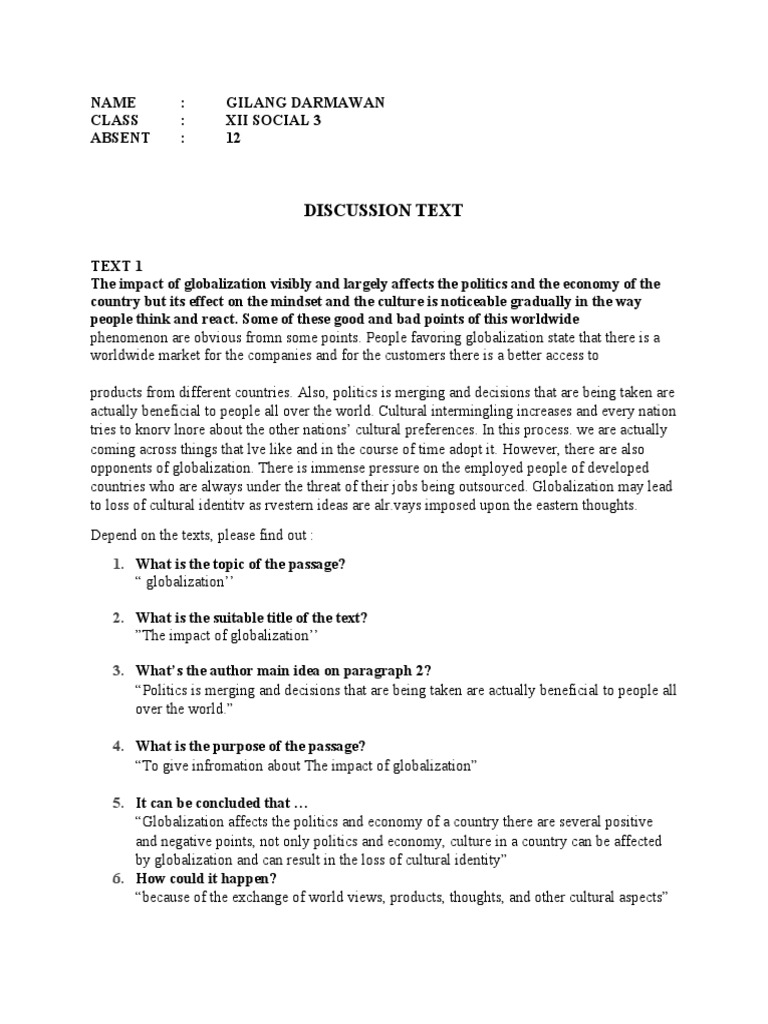 Discussion Text | Download Free PDF | Globalization | Homework