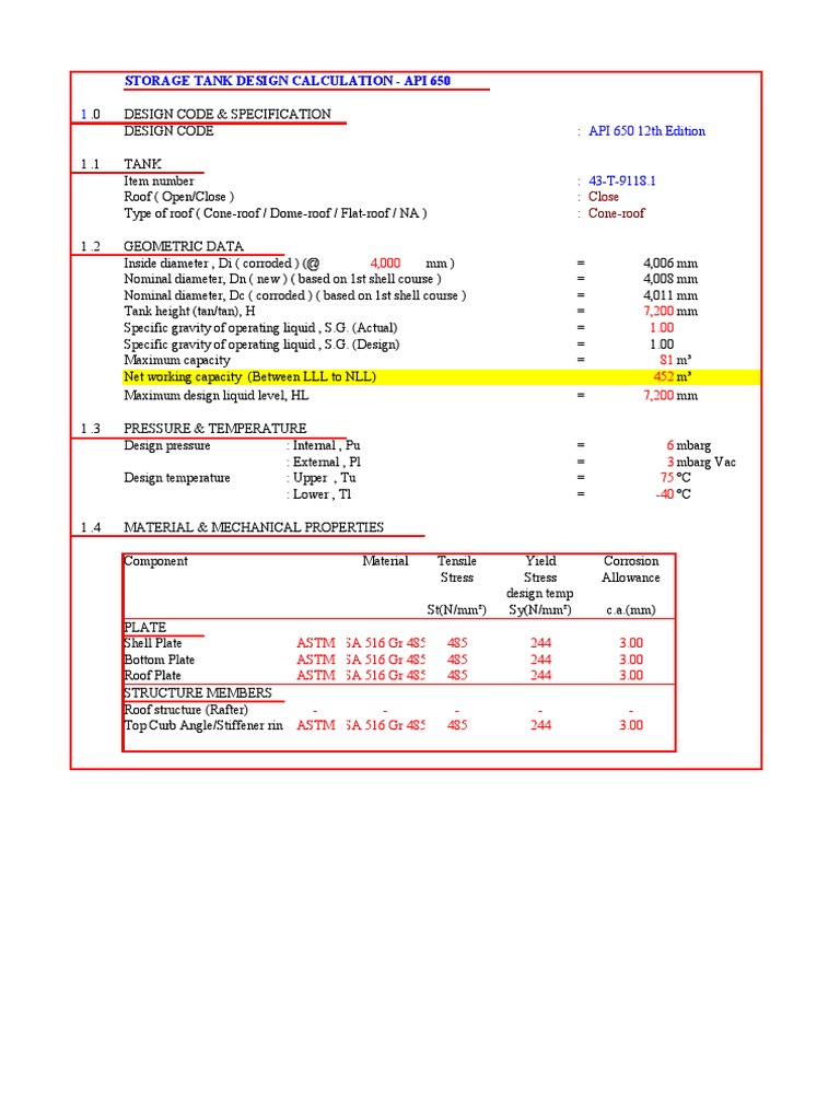 Storage Tank Design Calculation - Api 650 | PDF | Bending | Buoyancy