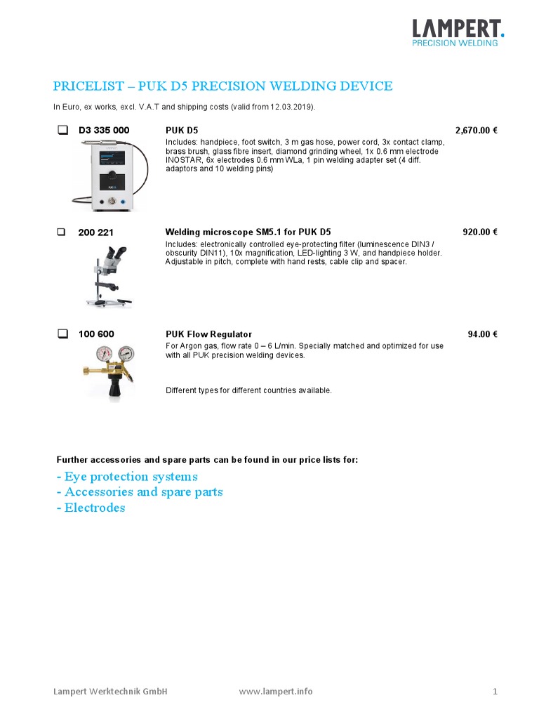 PUK D5 Welding Device Price List | PDF