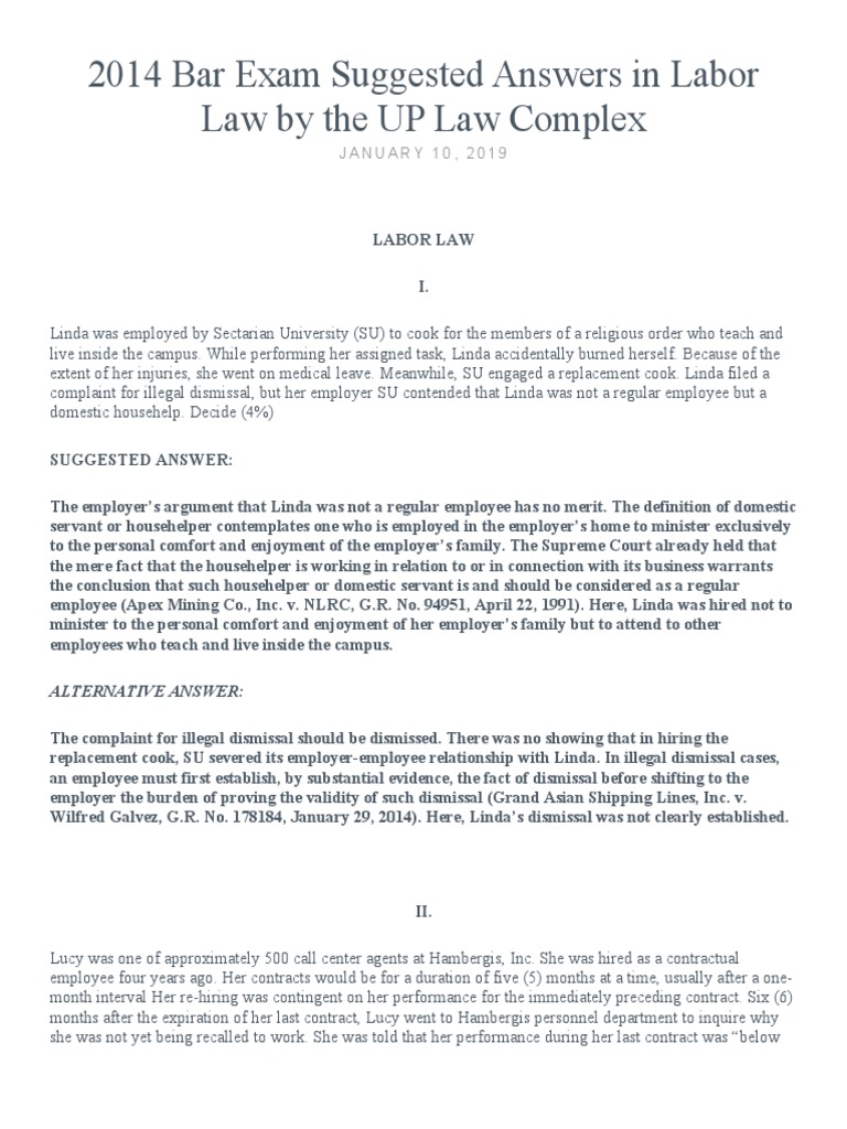 2014 Bar Exam Suggested Answers in Labor Law by The UP Law Complex ...