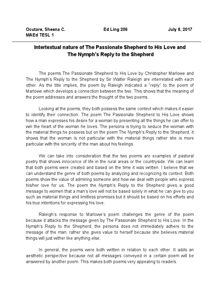 Intertextual Analysis - The Passionate Shepherd and The Nymph | PDF ...