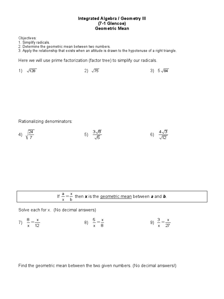 Geometric Mean in Algebra & Geometry | PDF