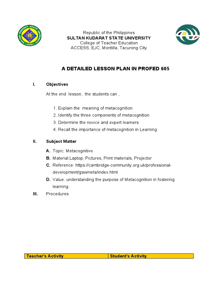 A DETAILED LESSON PLAN IN PROFED 605 Hatara | Download Free PDF ...