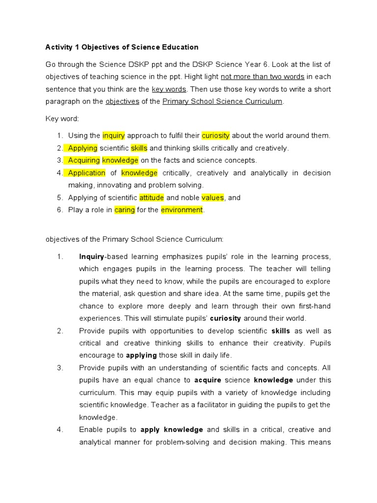 Activity 1 Objectives of Science Education | PDF | Science Education ...