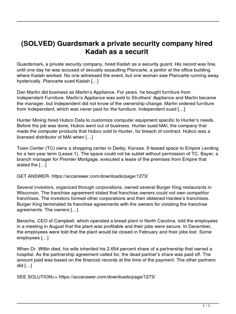 Solved Guardsmark A Private Security Company Hired Kadah As A Securit | PDF | Franchising | Lease