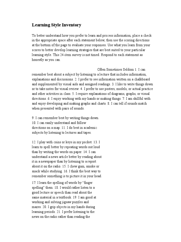 Learning Style Inventory Survey | PDF | Learning Styles | Learning