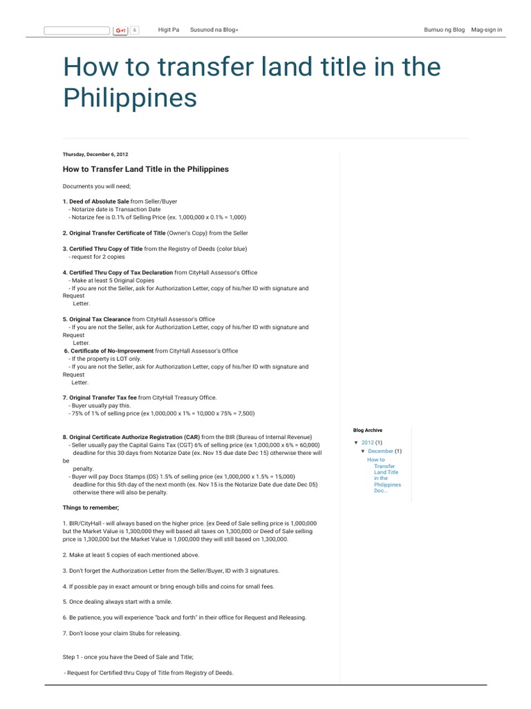 How To Transfer Land Title in The Philippines | PDF | Notary Public | Sales