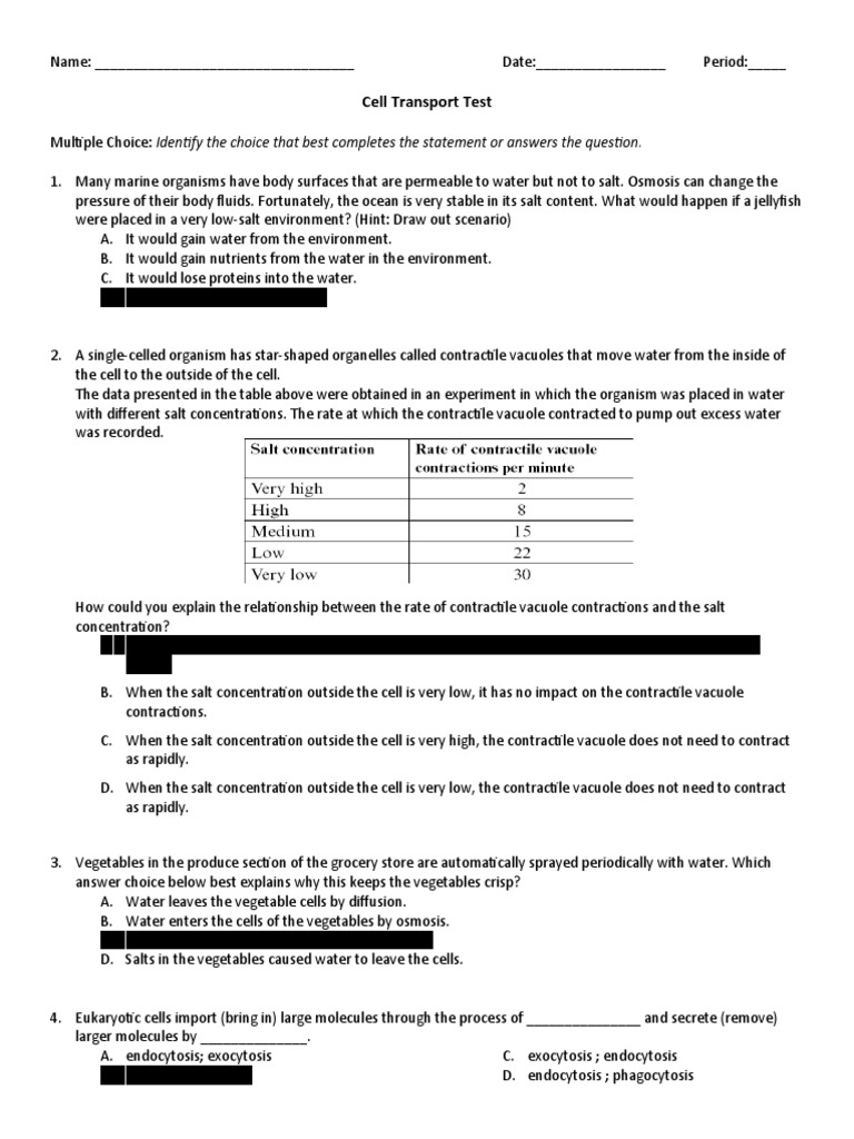 Reduced Answer Cell Transport Level Test 2016 | PDF | Cell Membrane ...