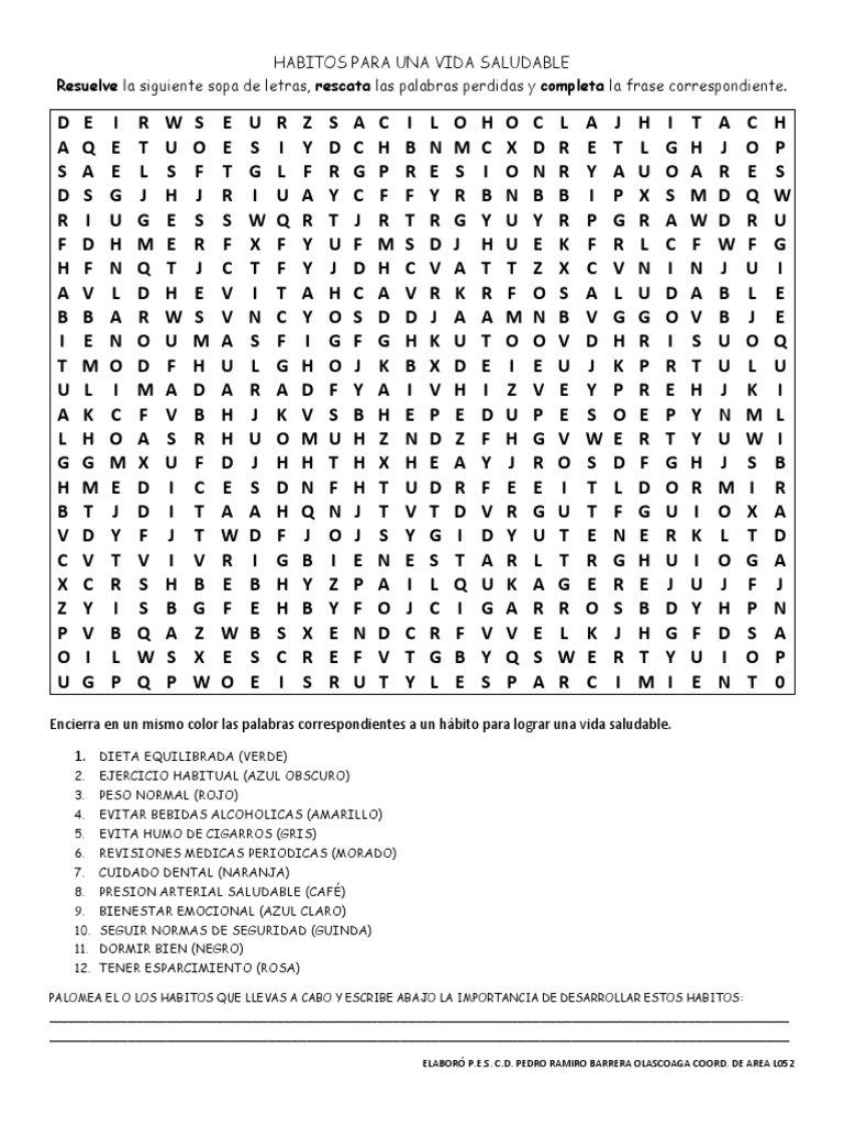 Sopa de Letras Habitos para Una Vida Saludable 5° Grado | PDF | Salud y ...