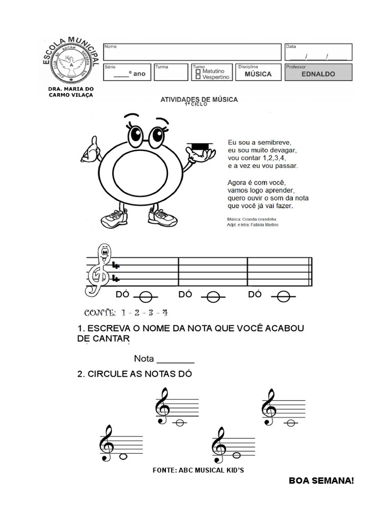 0 Atividades de Musica - Figuras Musicais SEMIBREVE Nota Do | PDF
