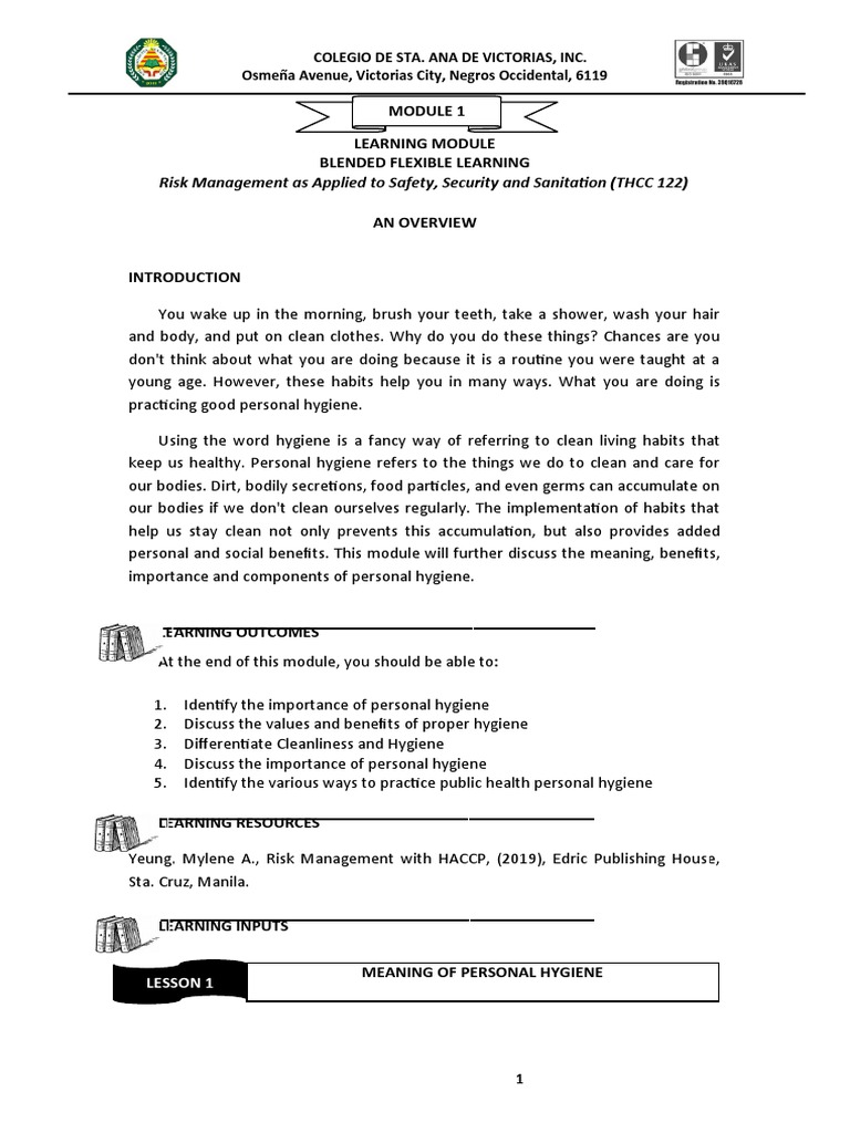 Module 1. Personal Hygiene (THCC 122) | PDF | Hygiene | Oral Hygiene