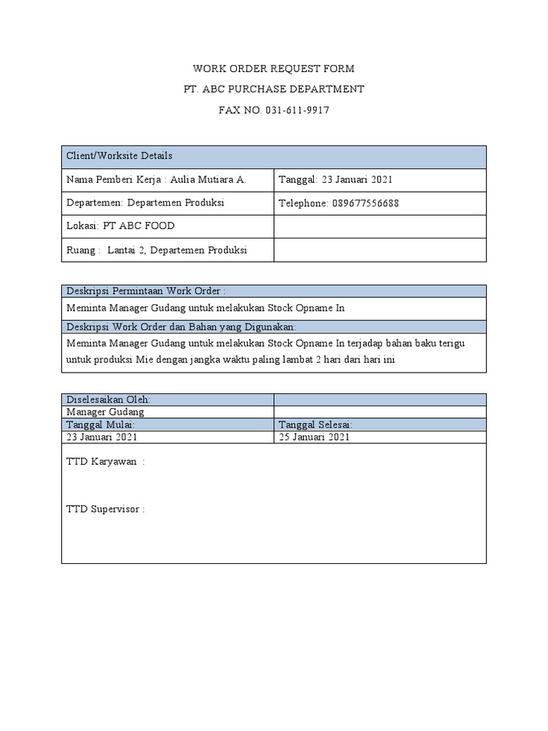 Formulir Permintaan Work Order Produksi | PDF