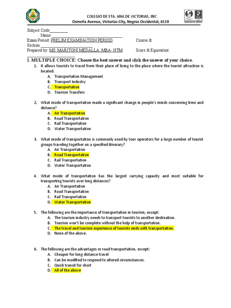 I. MULTIPLE CHOICE: Choose The Best Answer and Click The Answer of Your ...