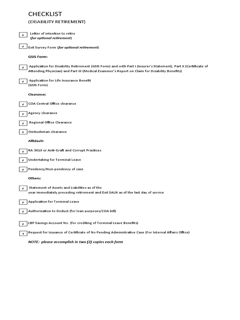 Checklist Disability Retirement | PDF | Finance & Money Management