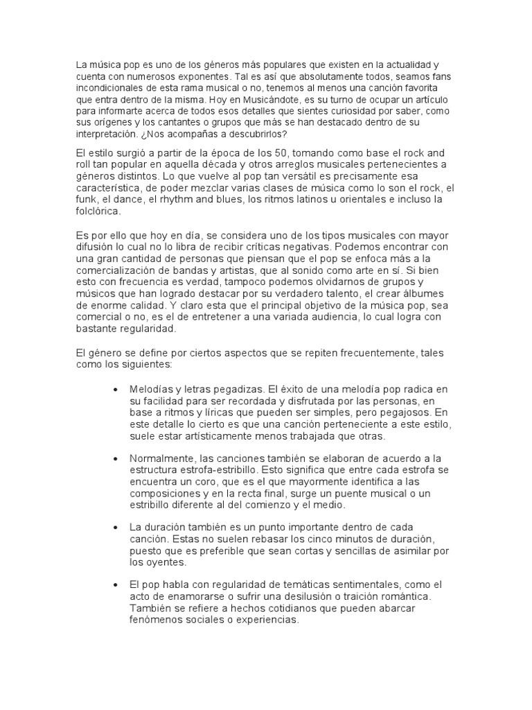 La Música Pop Es Uno de Los Géneros Más Populares Que Existen en La ...