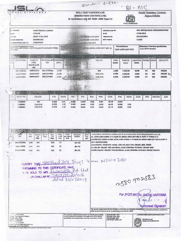 4 MM Plate - MTC - SS-304 | PDF