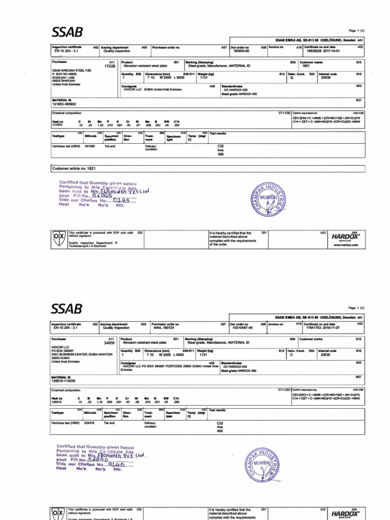 HARDOX400 - 10mm Plate - MTC | PDF | Metals | Iron