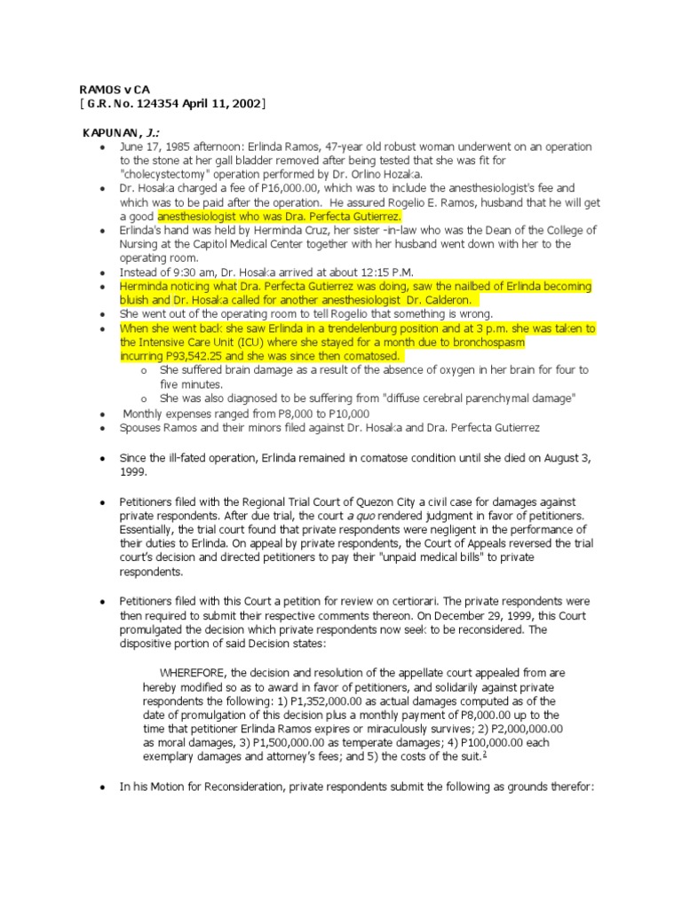 15 - Ramos v. CA, GR No. 124354 (2002) | PDF | Anesthesia | Hospital
