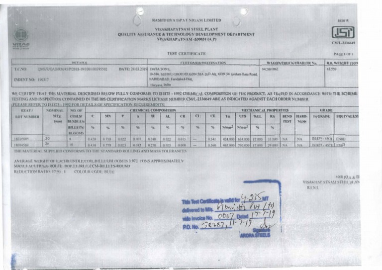 30 MM Round Bar - EN8 - MTC | PDF