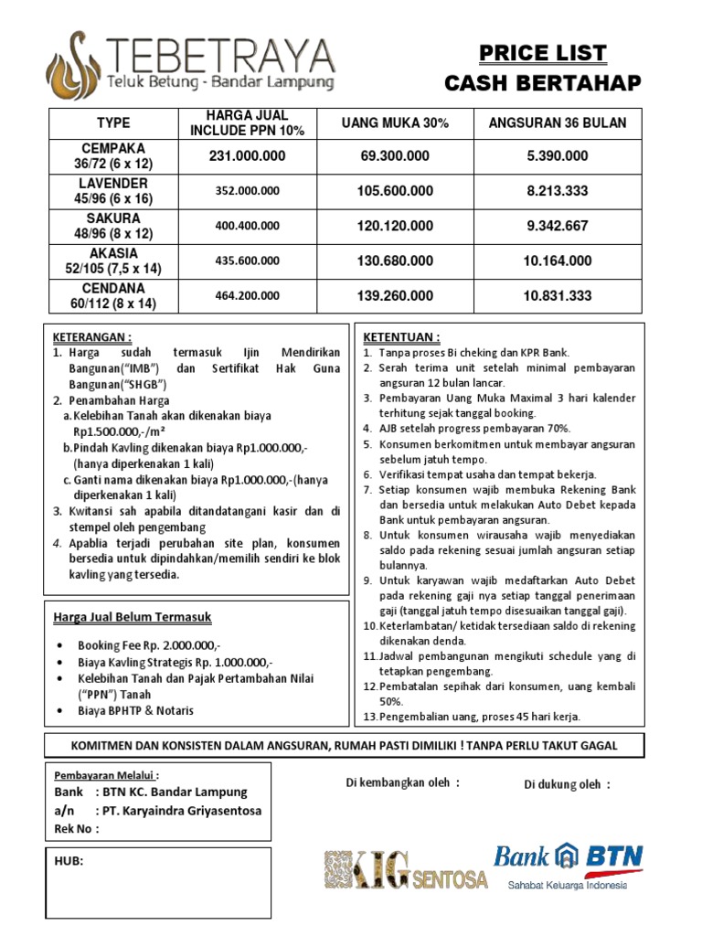 Contoh Price List Cash Bertahap Tanpa Bank TEBET RAYA | PDF