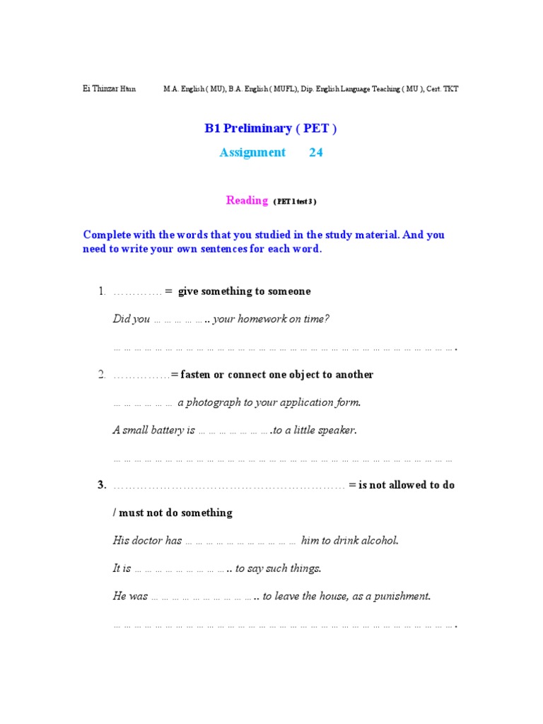 B1 Preliminary (PET) Assignment - 24 - Reading - Pet 1.3 by Ei Thinzar ...