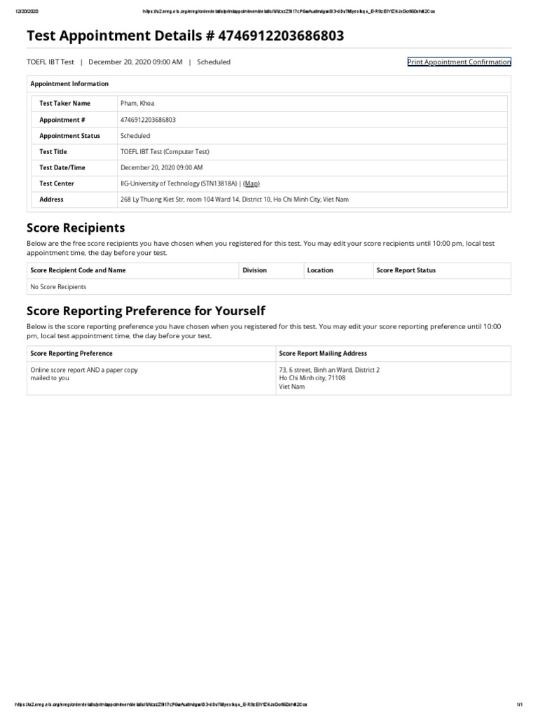 TOEFL Test Appointment and Score Recipients | PDF
