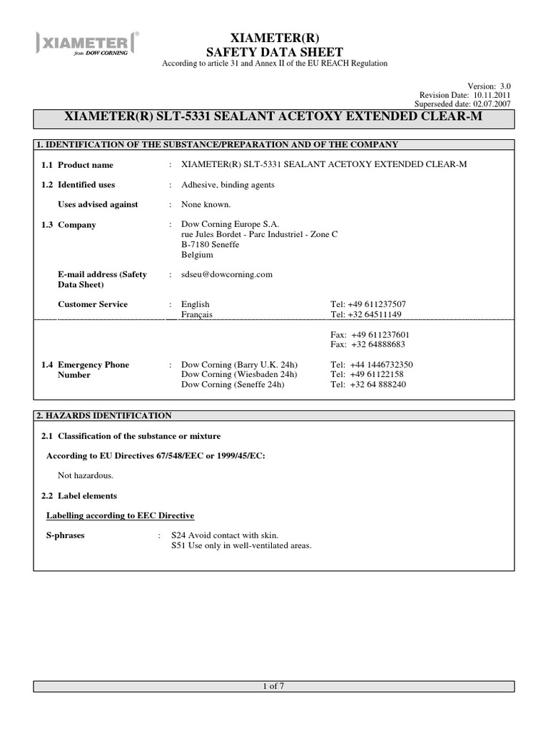 XIAMETER SLT-5331 Sealant Safety Data | PDF | Personal Protective ...