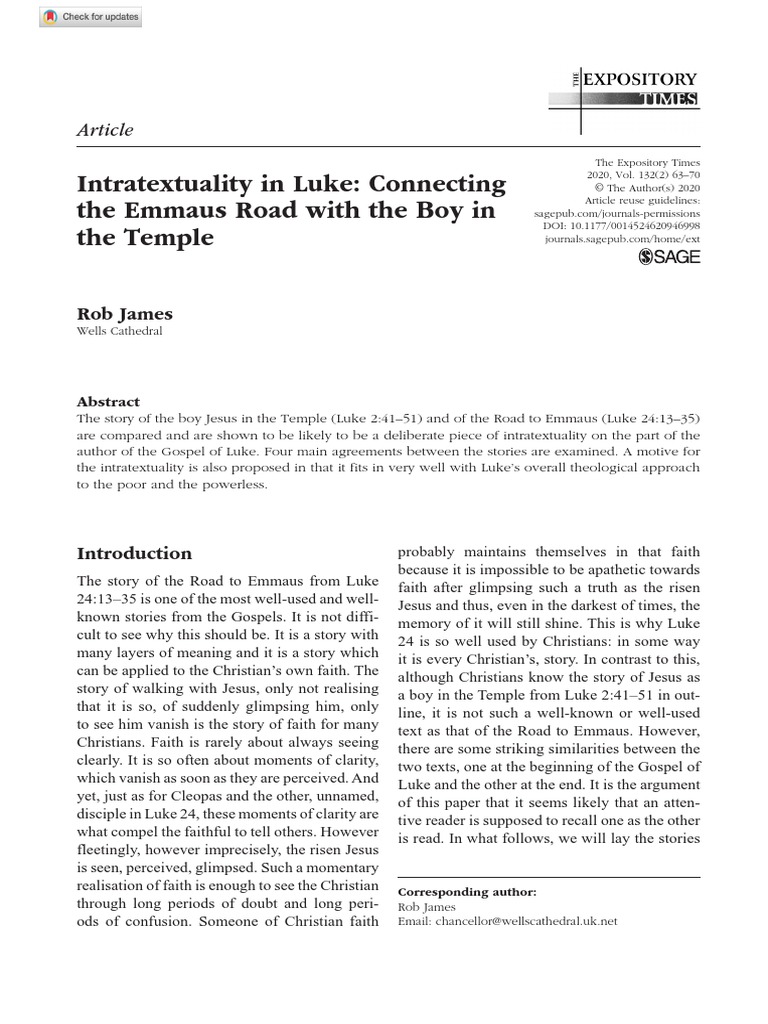 Intratextuality in Luke. Connecting The Emmaus Road With The Boy in The ...