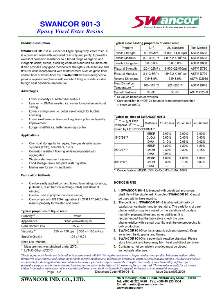 SWANCOR 901-3: Epoxy Vinyl Ester Resins | Download Free PDF | Epoxy | Materials