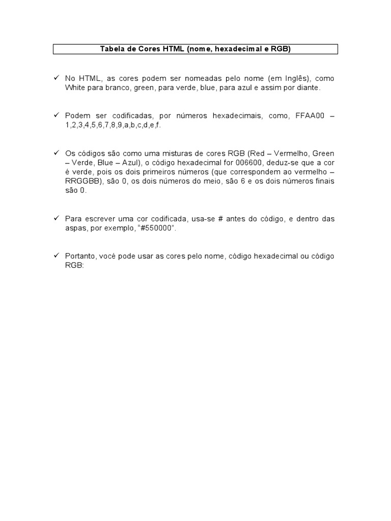 Tabela de Cores HTML: Nome e Hexadecimal | PDF