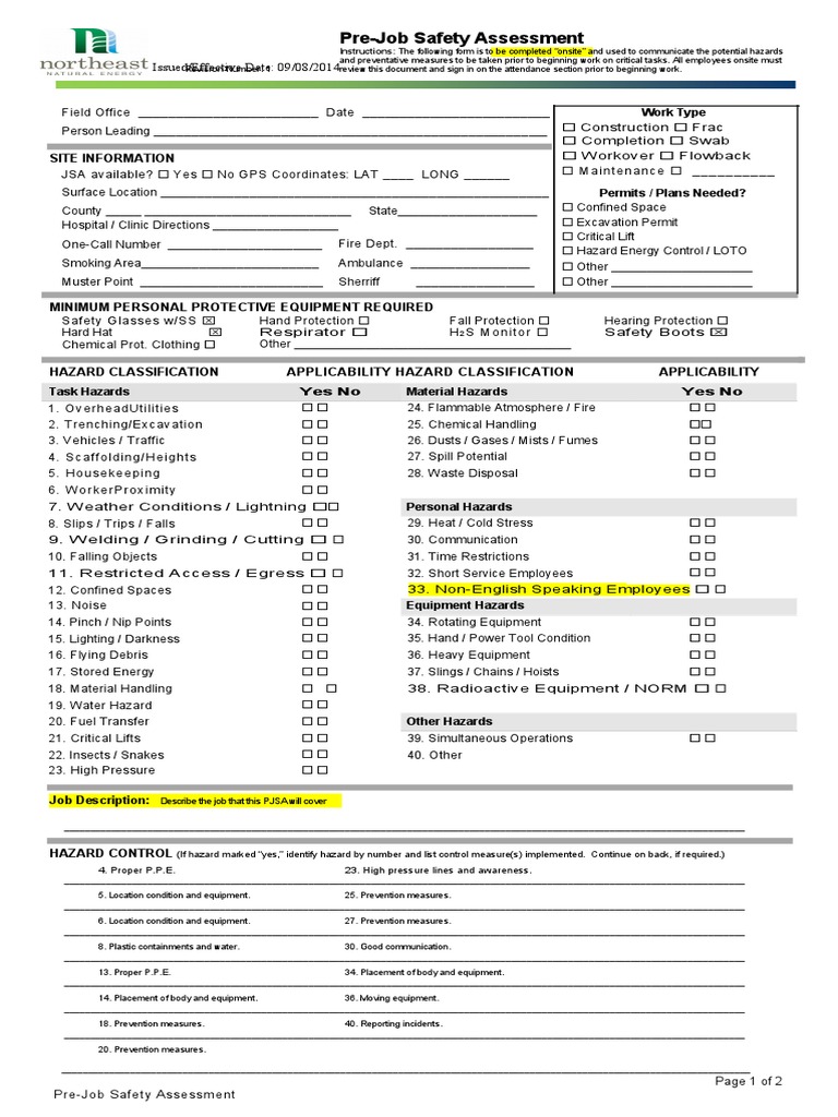 Pre-Job Safety Assessment Checklist | PDF | Casing (Borehole ...