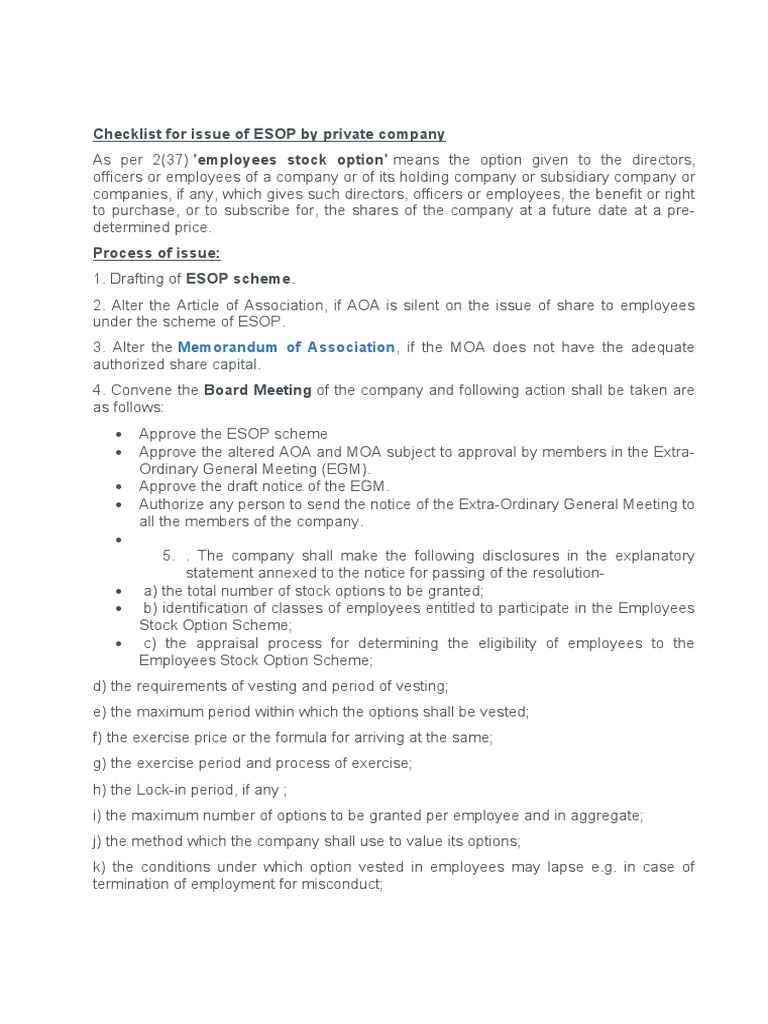 Checklist For Issue of ESOP by Private Company | PDF | Vesting | Employee Stock Option