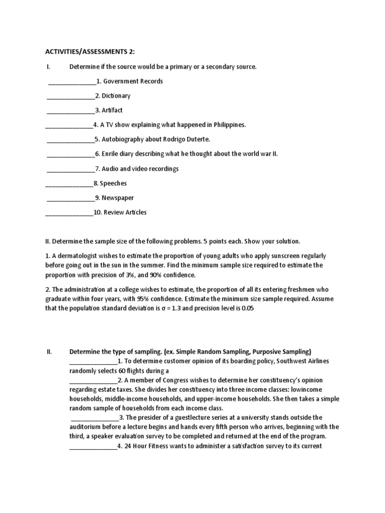 Activities/Assessments 2:: Determine The Type of Sampling. (Ex. Simple ...