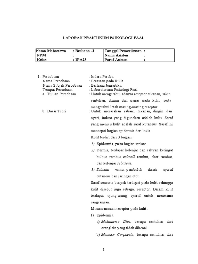 Laporan Praktikum Indera Peraba | PDF