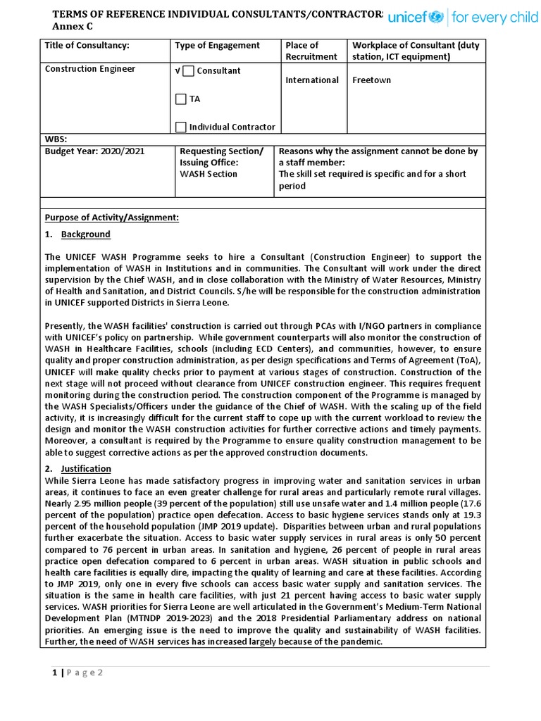 TOR for Construction Engineer Consultant | PDF | Wash | Specification ...