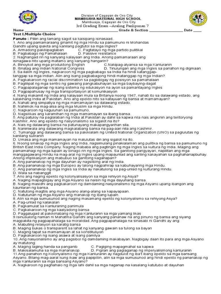 3rd Grading Exam Ap7 | PDF