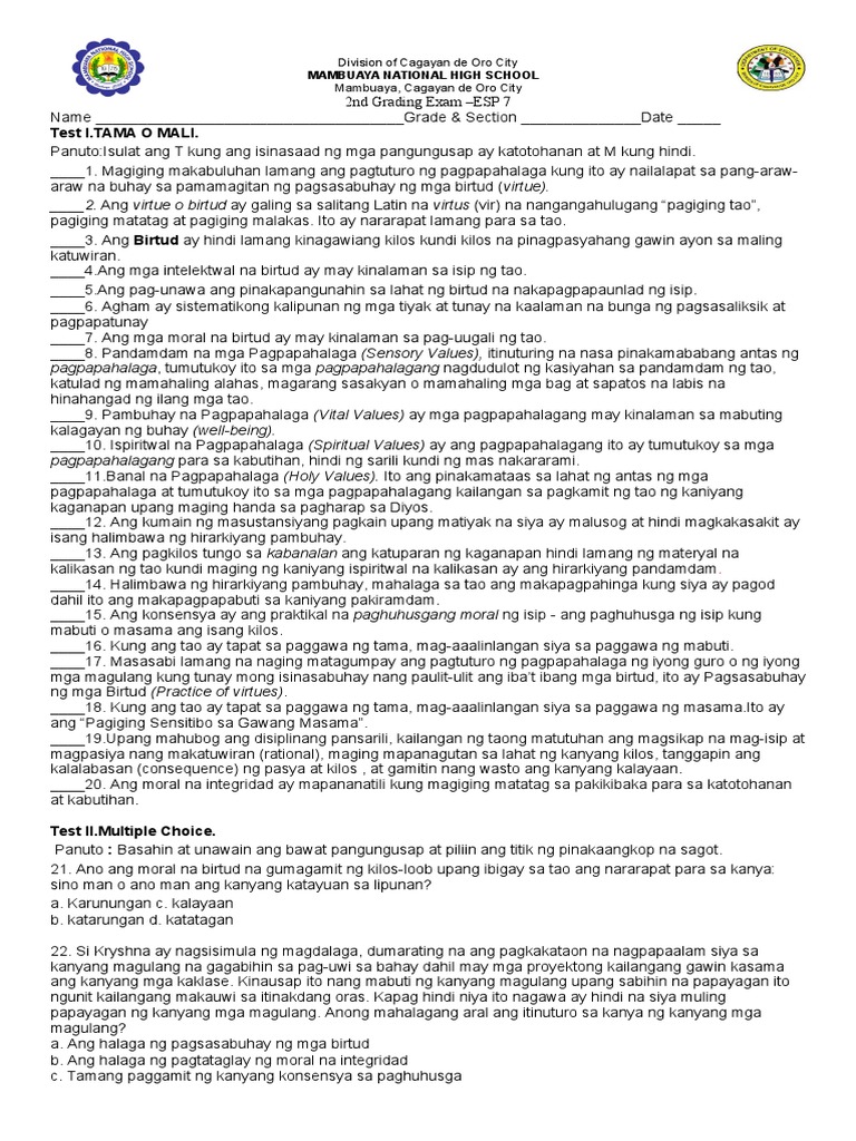 3rd Grading Exam Esp-7 | PDF