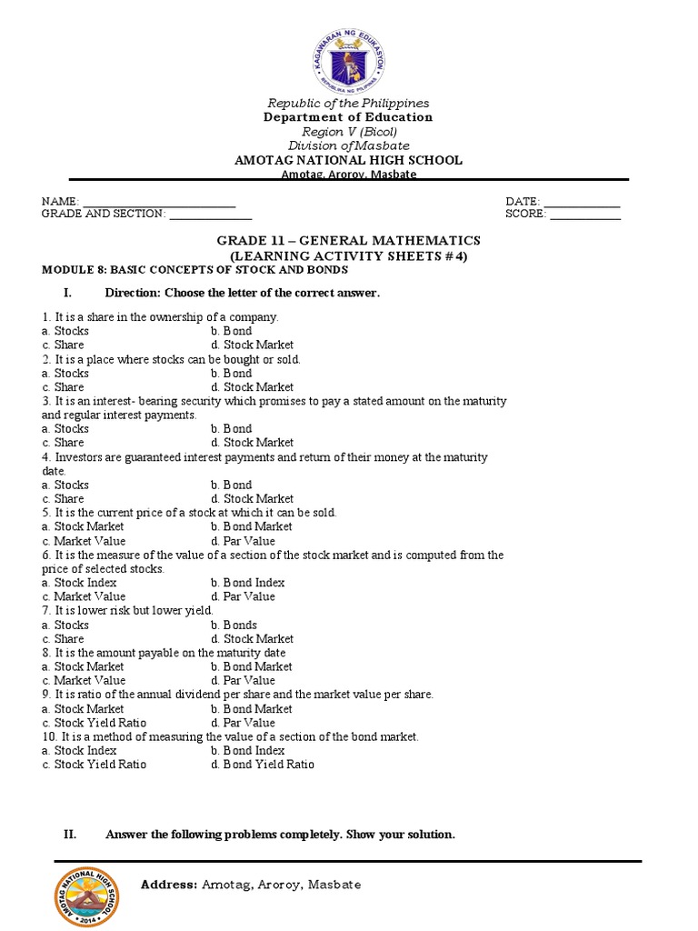 Grade 11 - General Mathematics (Learning Activity Sheets # 4) | PDF ...