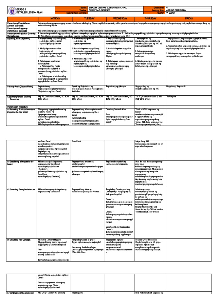 Grade 6 Detailed Lesson Plan Monday Tuesday Wednesday Thursday Friday | PDF