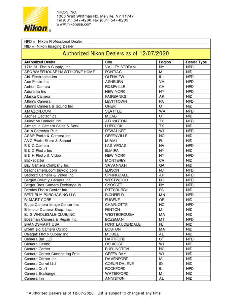 Authorized Nikon Dealers List 2020 | PDF | Digital Photography | Retailing