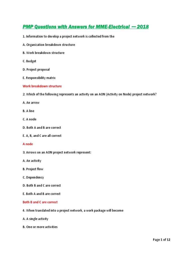 Answer - PMP Questions With Answers For MME - Electrical 35 Nos. | PDF ...