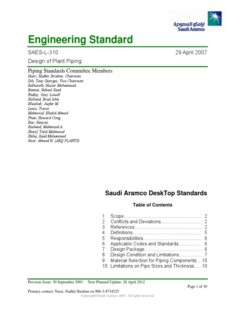 Aramco SAES-L-310 Plant Piping Standards | PDF | Pipe (Fluid Conveyance) | Pump