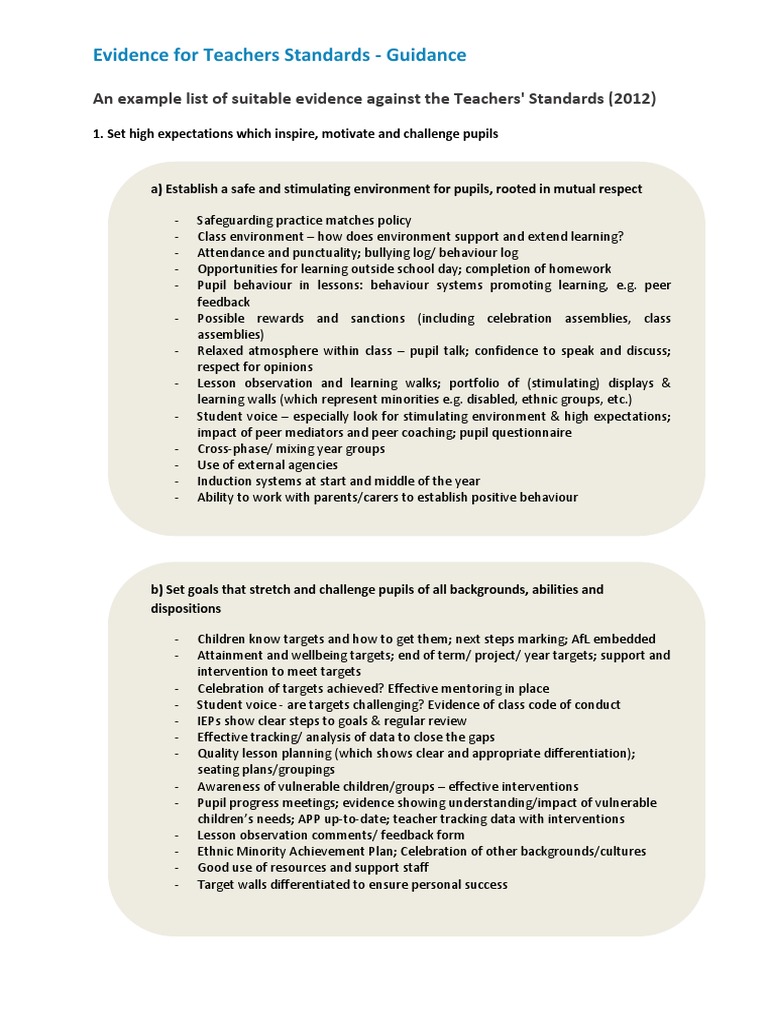 Teacher Standards Evidence Guide | PDF | Phonics | Educational Assessment